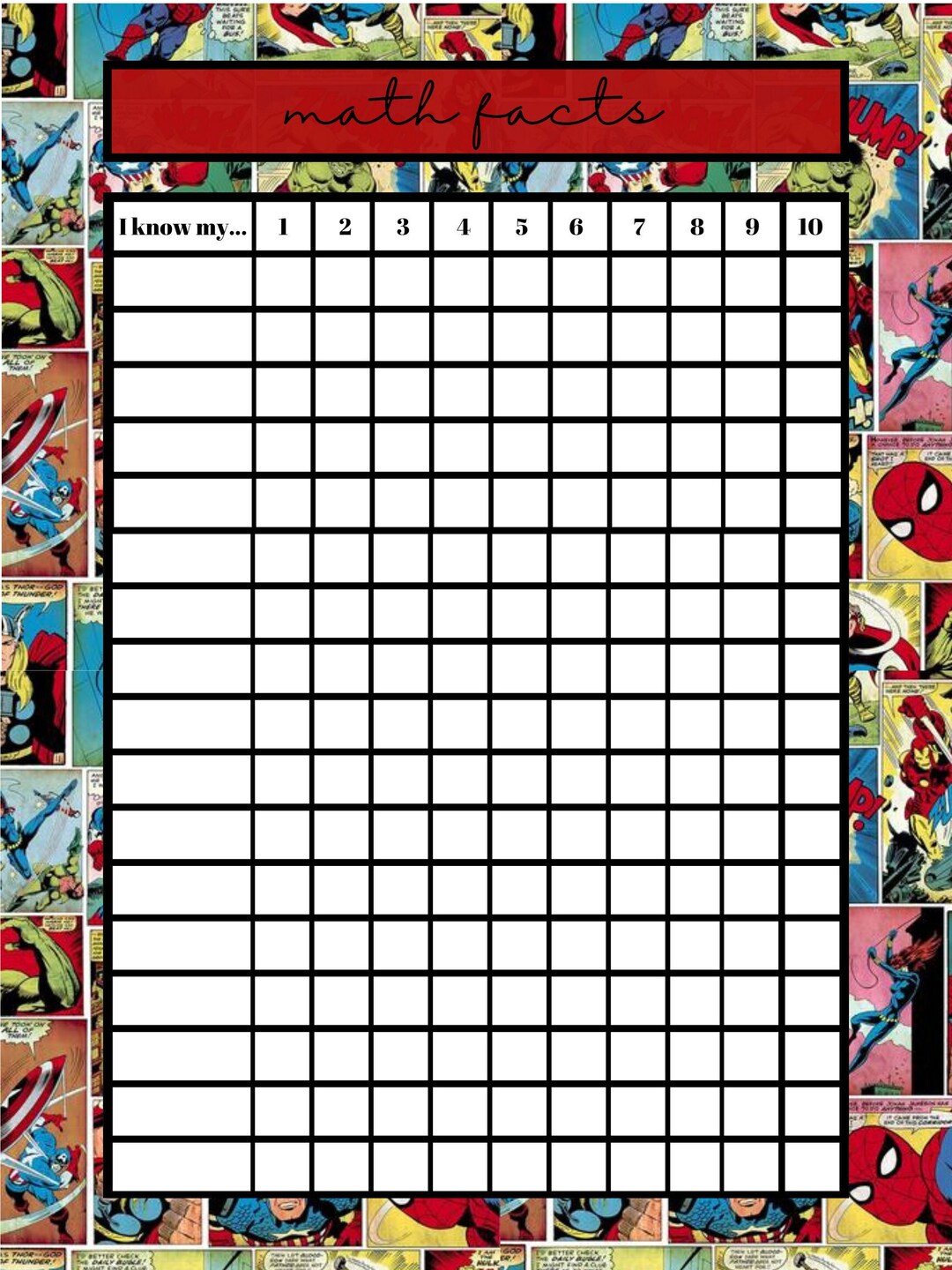 Marvel Math Chart multiplication Tracker - Etsy