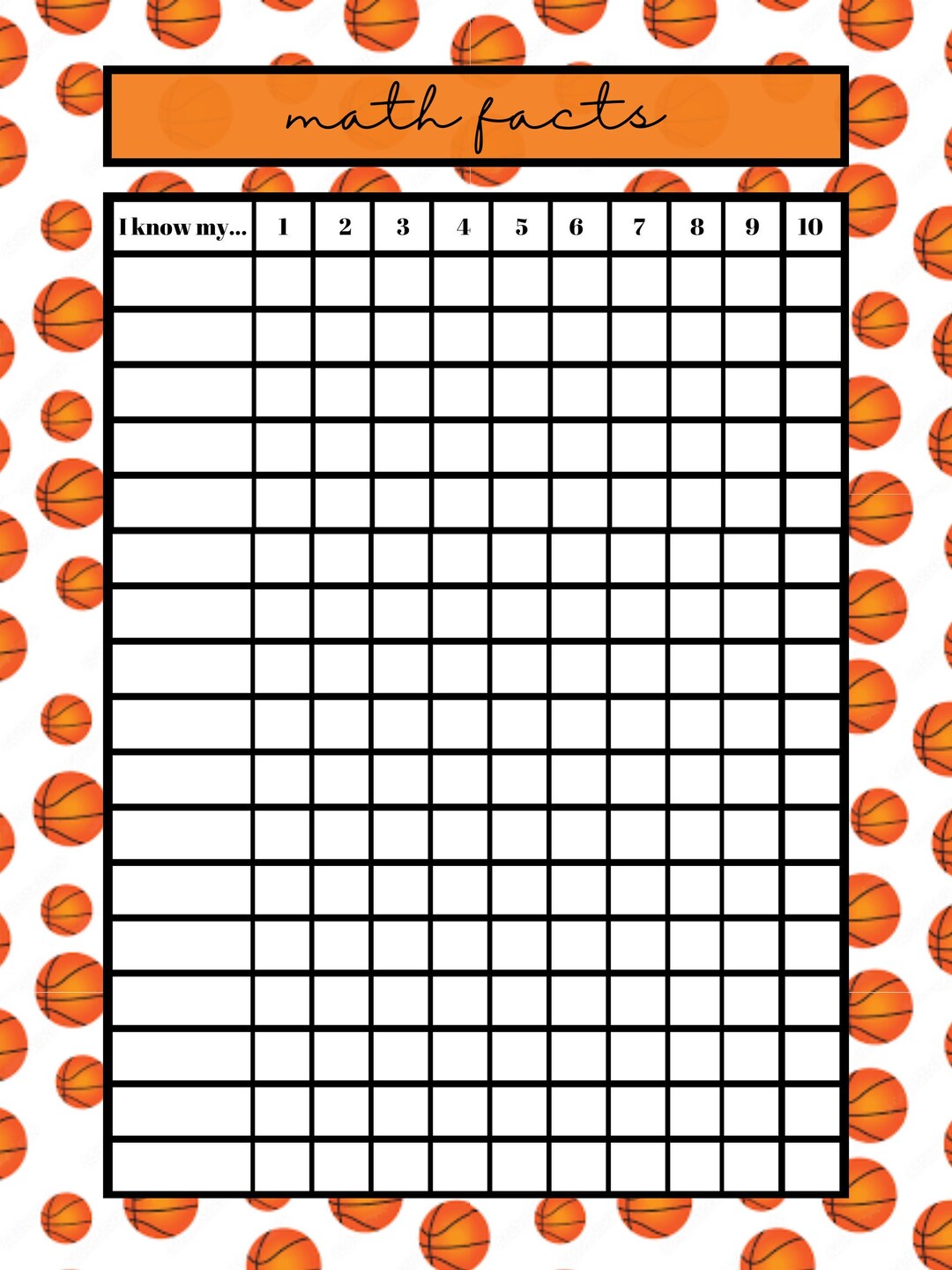 Basketball Math Chart (multiplication Tracker) - Etsy