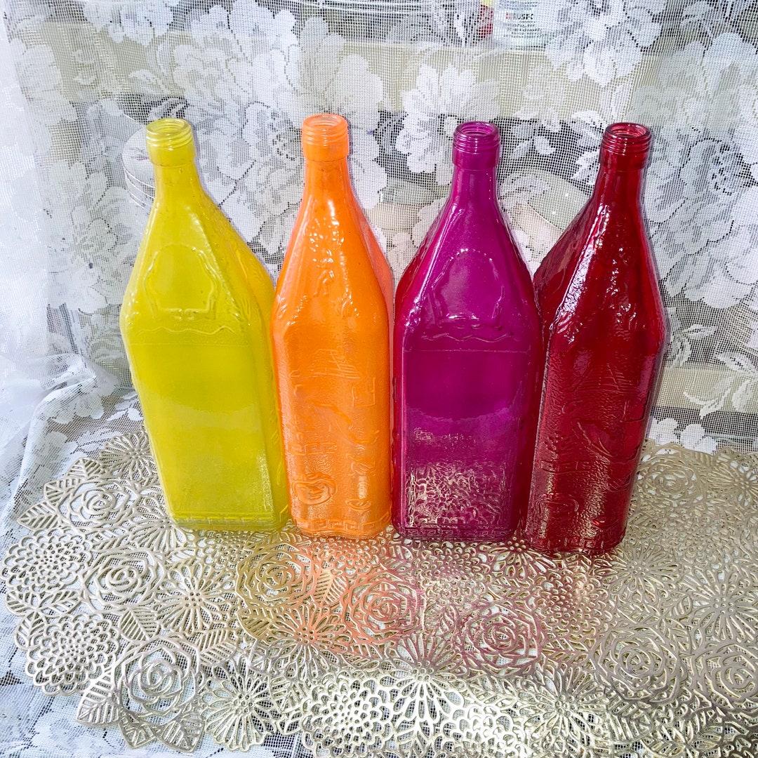 Colored Glass Bottles, 4 Tinted Liquor Bottles, Large 14" Bottle Tree ...