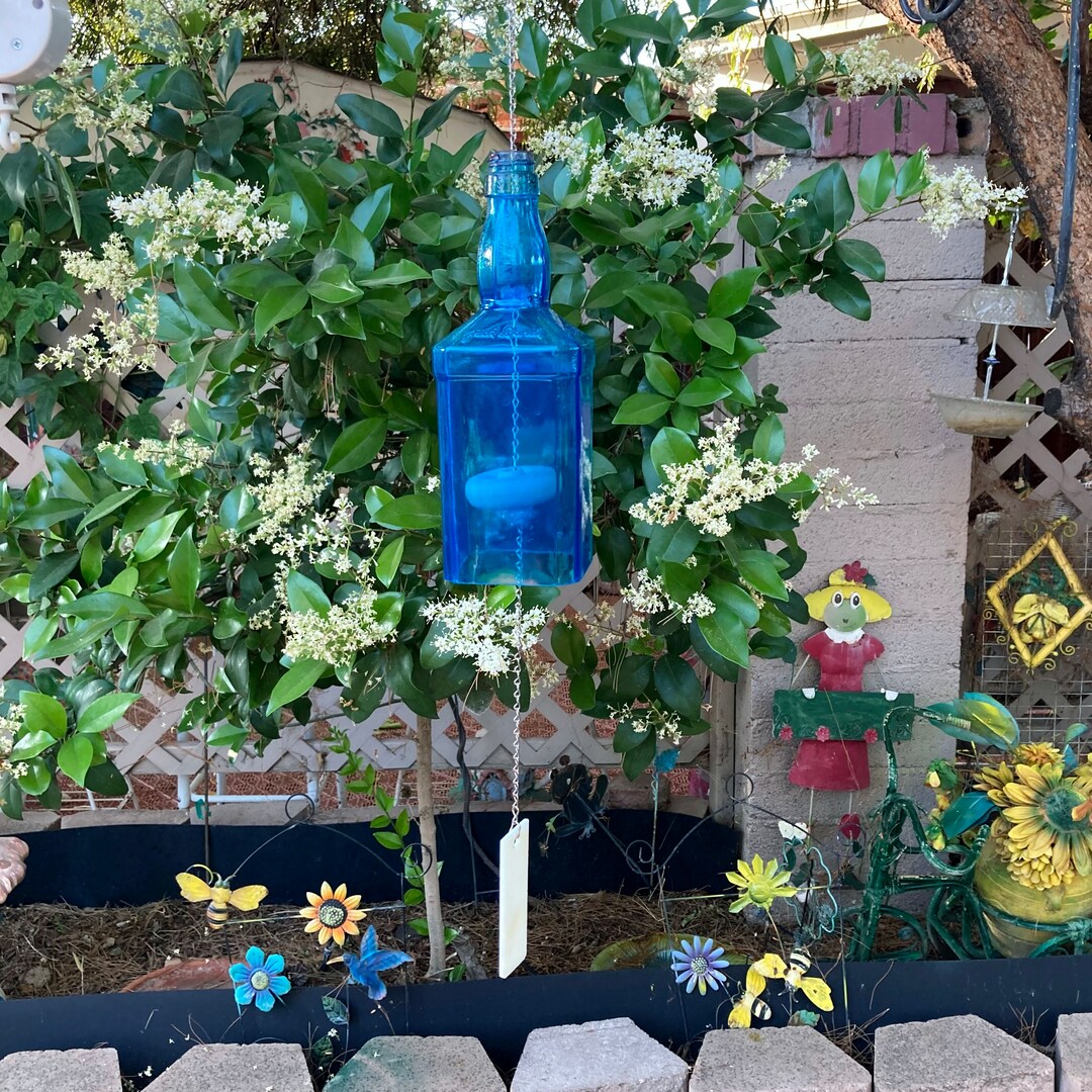 Hand Cut Glass Wind Chime: Wood Wheel Clapper, Recycled Glass Bottle - Etsy