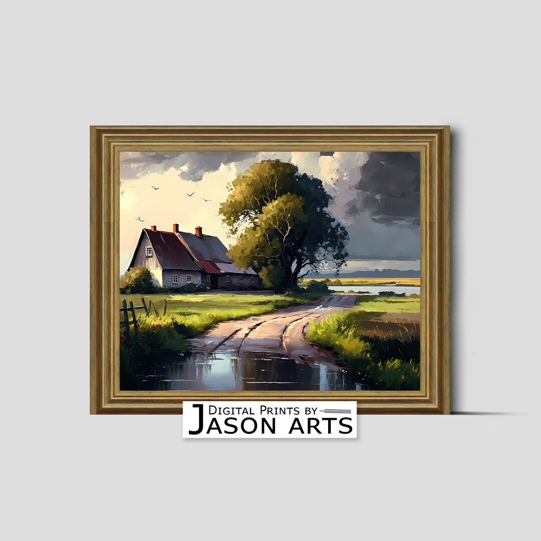 Stormy Skies Farmhouse Art Print Moody Country Landscape Painting Wet ...