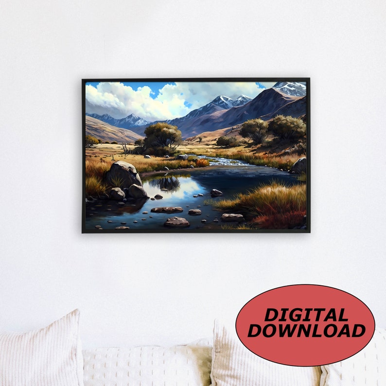 Mountain Stream Art Print Alpine Valley View Calm River Reflection Wall ...