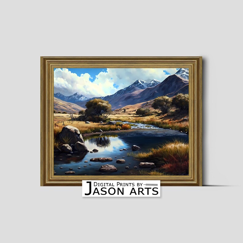 Mountain Stream Art Print Alpine Valley View Calm River Reflection Wall ...