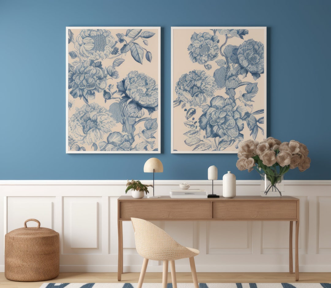 Set of 2 Blue Floral Wall Art: Blue Flower Painting Prints - Blue ...