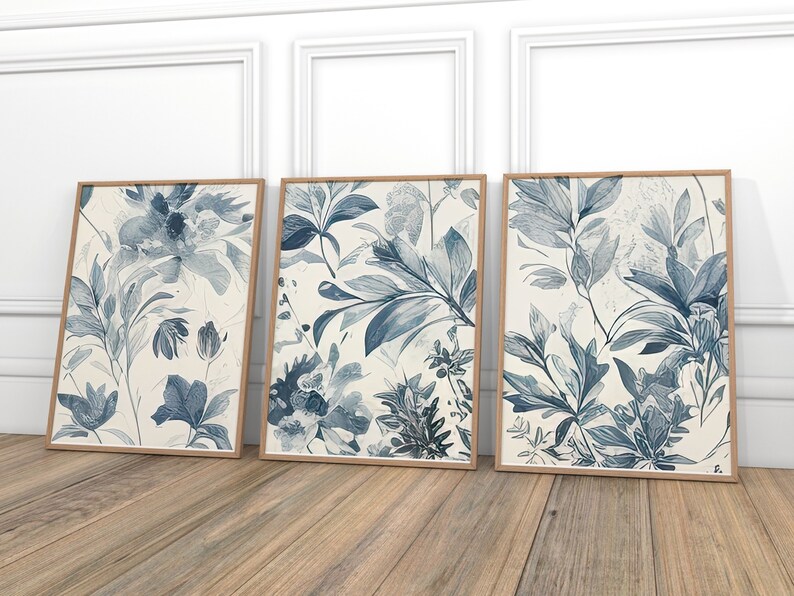 Blue Floral Wall Decor: Set of 3 Blue Watercolor Paintings - Bouquet ...