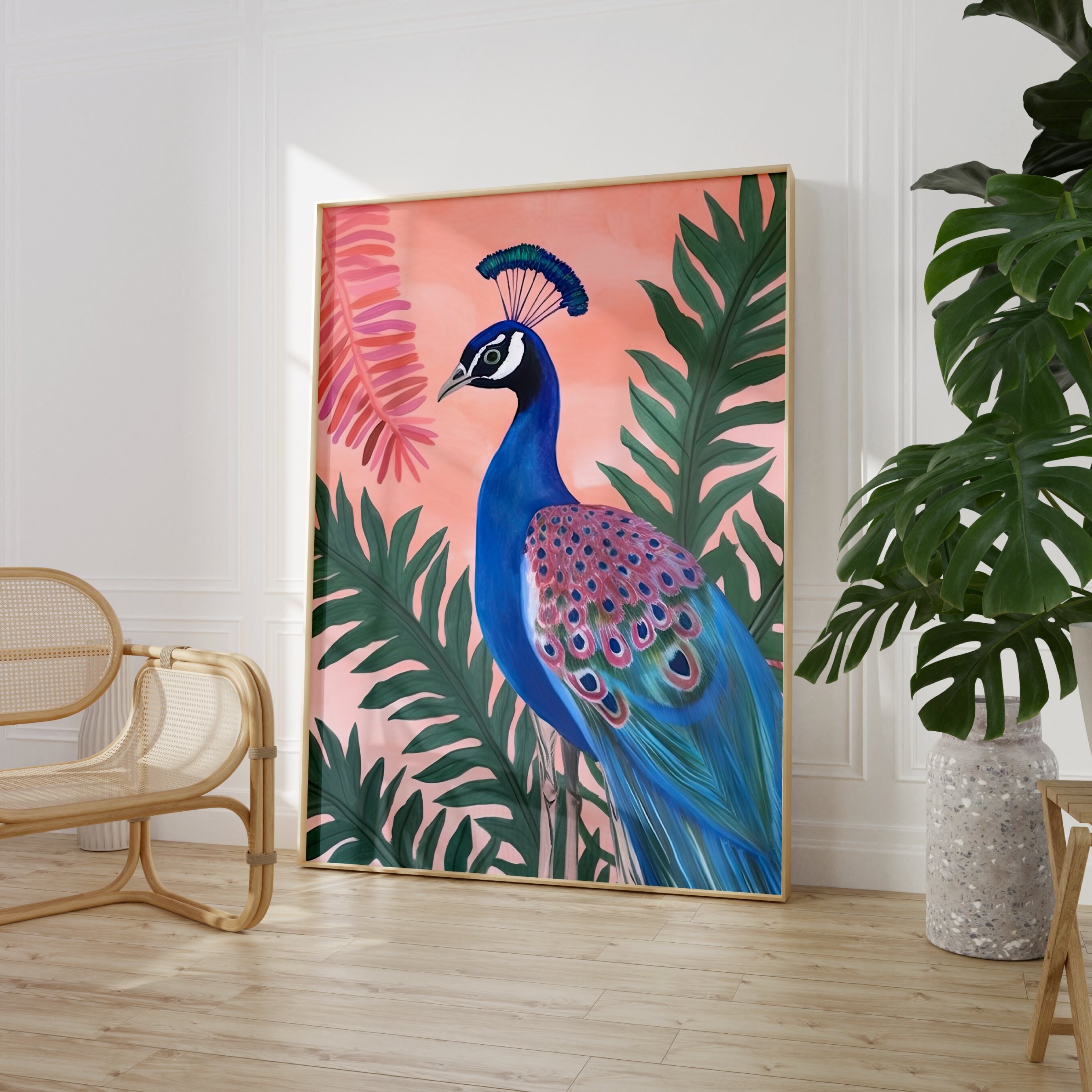 Pink Peacock Wall Decor Peacock Painting Tropical Jungle Art - Etsy