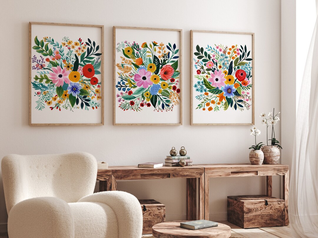 Set of of 3 Colorful Flower Bouquet Art Prints - Bright Floral Wall ...