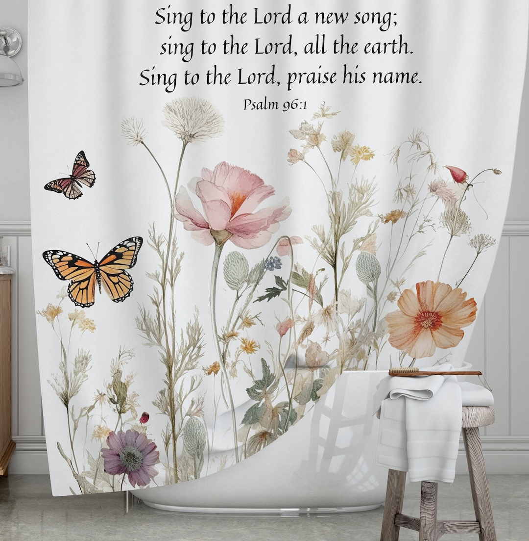 Christian Shower Curtain Floral Bath Curtain Bible Verse Bathroom ...