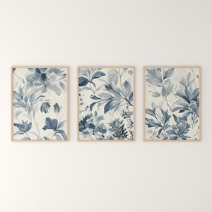 Blue Floral Wall Decor: Set of 3 Blue Watercolor Paintings - Bouquet ...