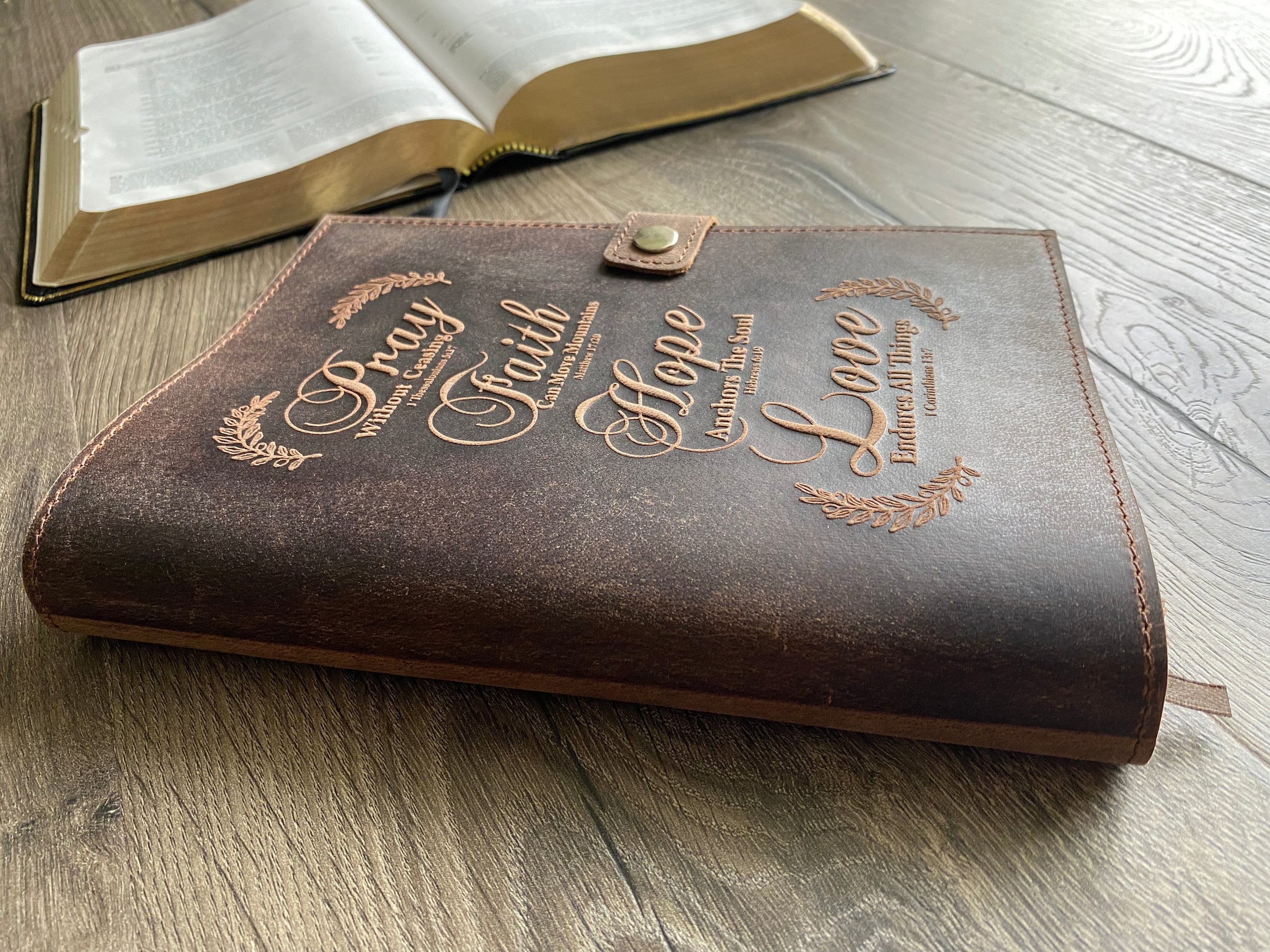 Pray, Faith, Hope, Love - Handmade Leather Journal | Bible Verse ...