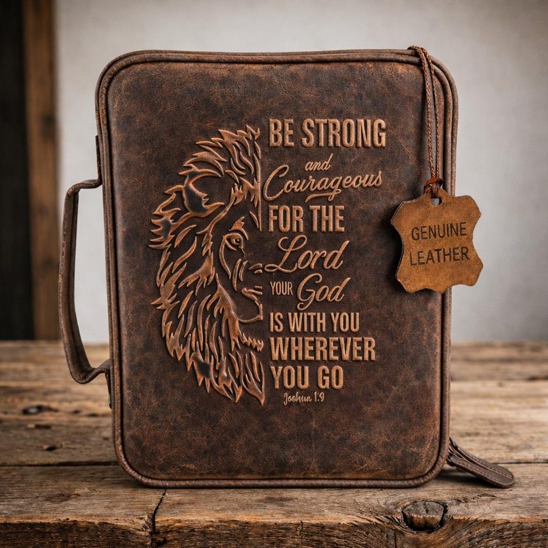 Leather Bible Case With Handle - Lion & Joshua 1:9 Scripture – Zippered ...