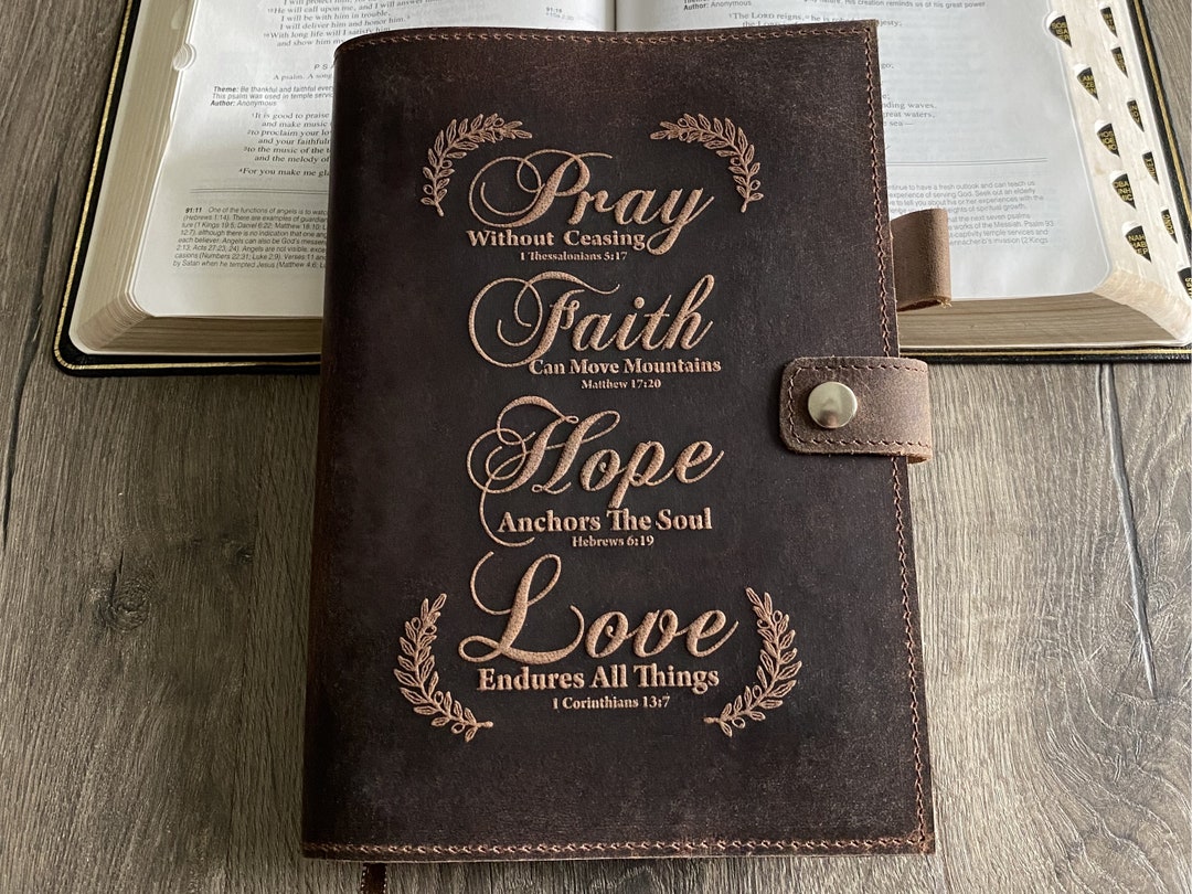 Pray, Faith, Hope, Love - Handmade Leather Journal | Bible Verse ...