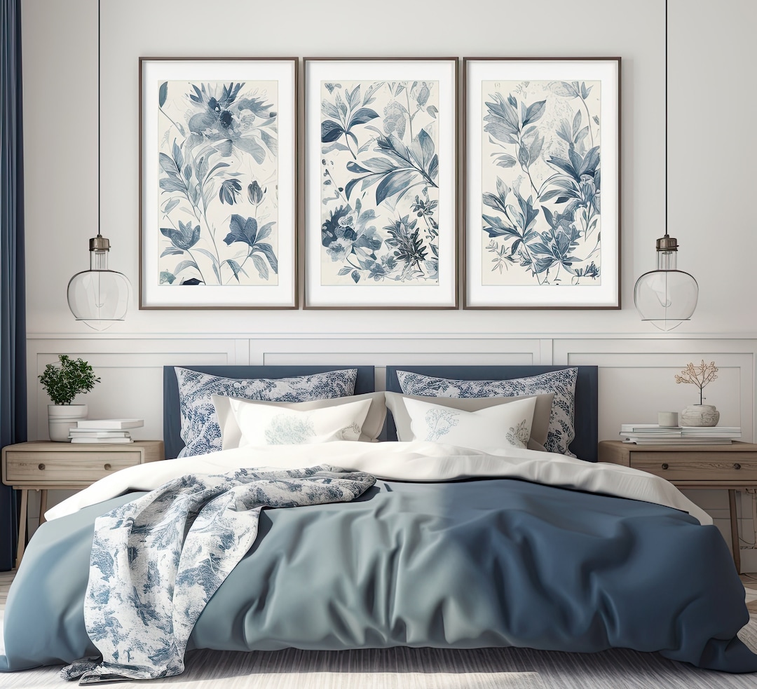 Blue Floral Wall Decor: Set of 3 Blue Watercolor Paintings - Bouquet ...