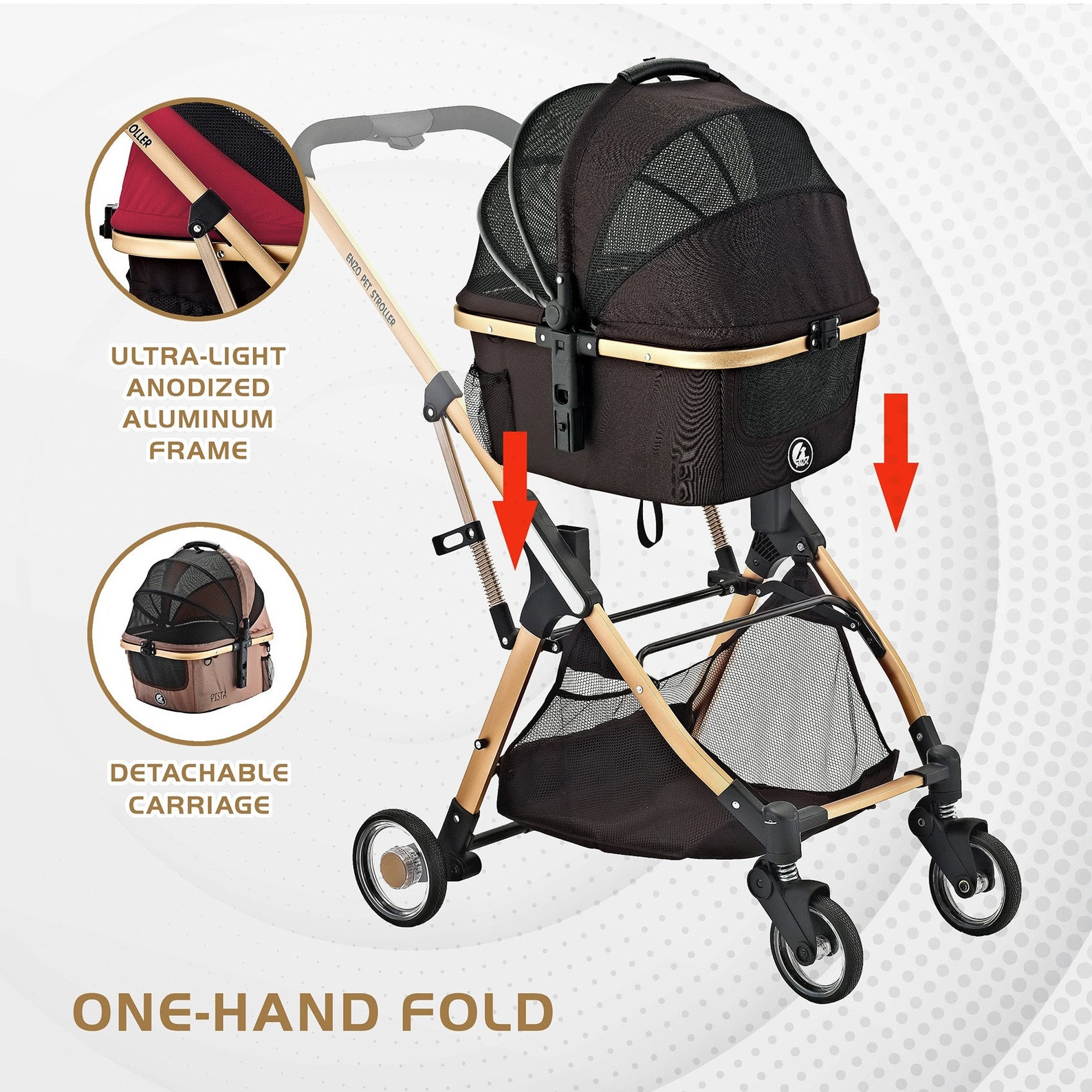 ENZO Pet Stroller Pista Super-lightweight 3-in-1 Stroller, Carrier, Car ...