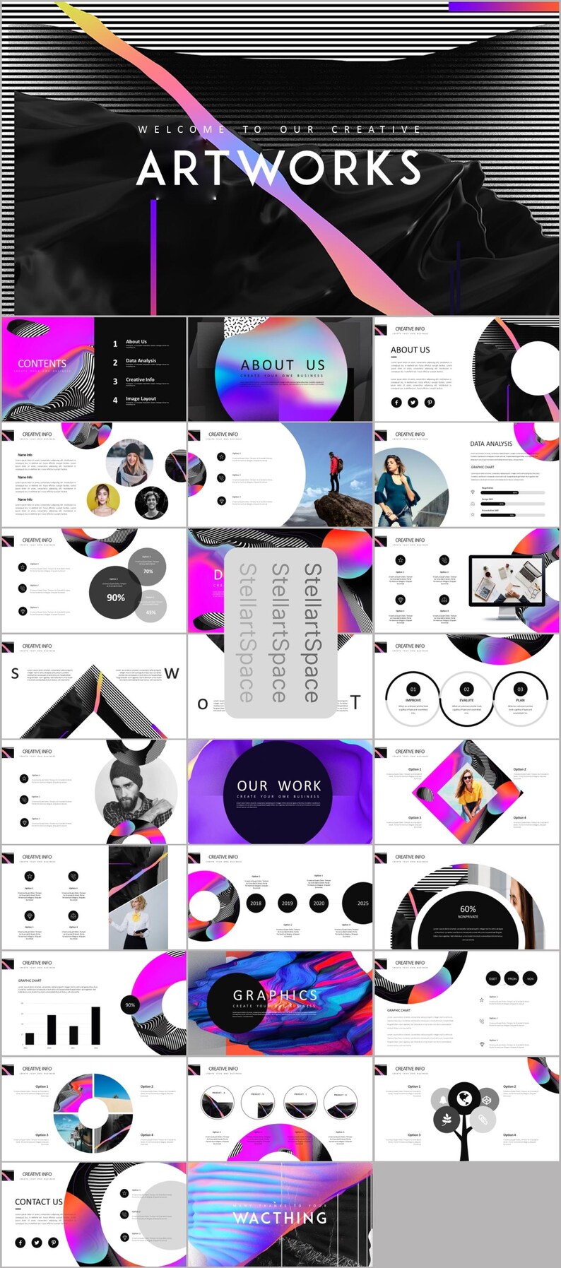 Artsy Neon Powerpoint Templates: Modern Marketing Pitch Deck (PPT ...