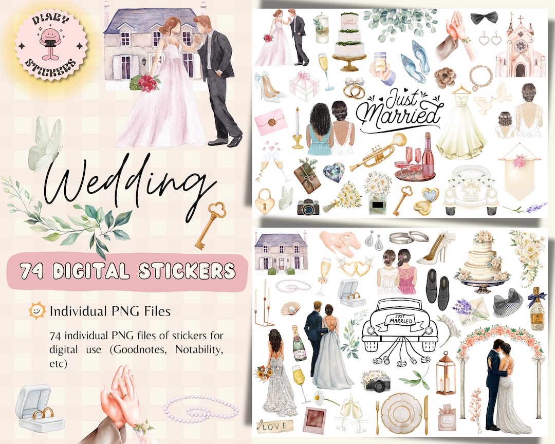 Wedding Bells Digital Stickers for Goodnotes, Wedding Day Pre-cropped ...