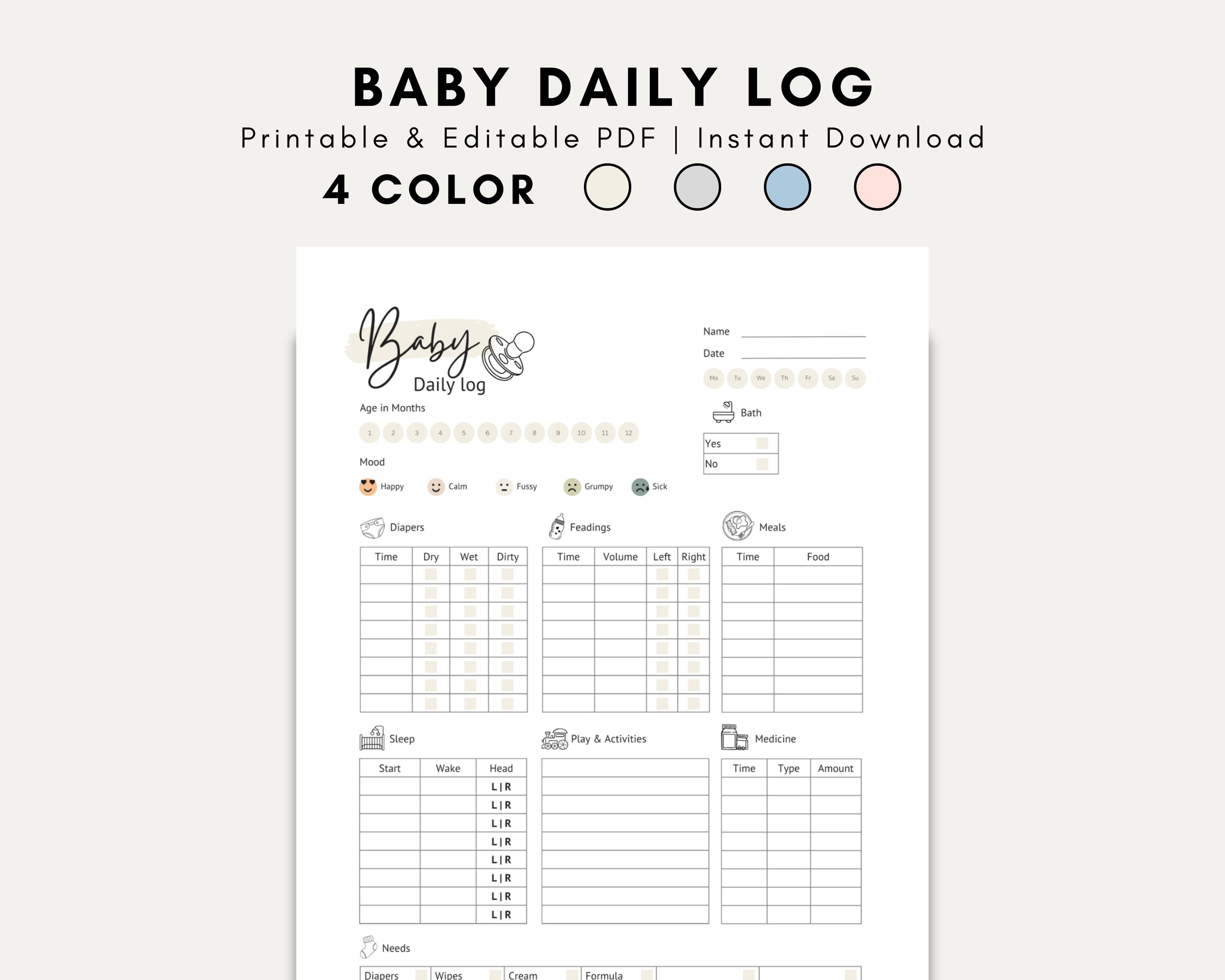 Baby Daily Log Tracker, Newborn Diary Chart, Printable Baby Care Log ...