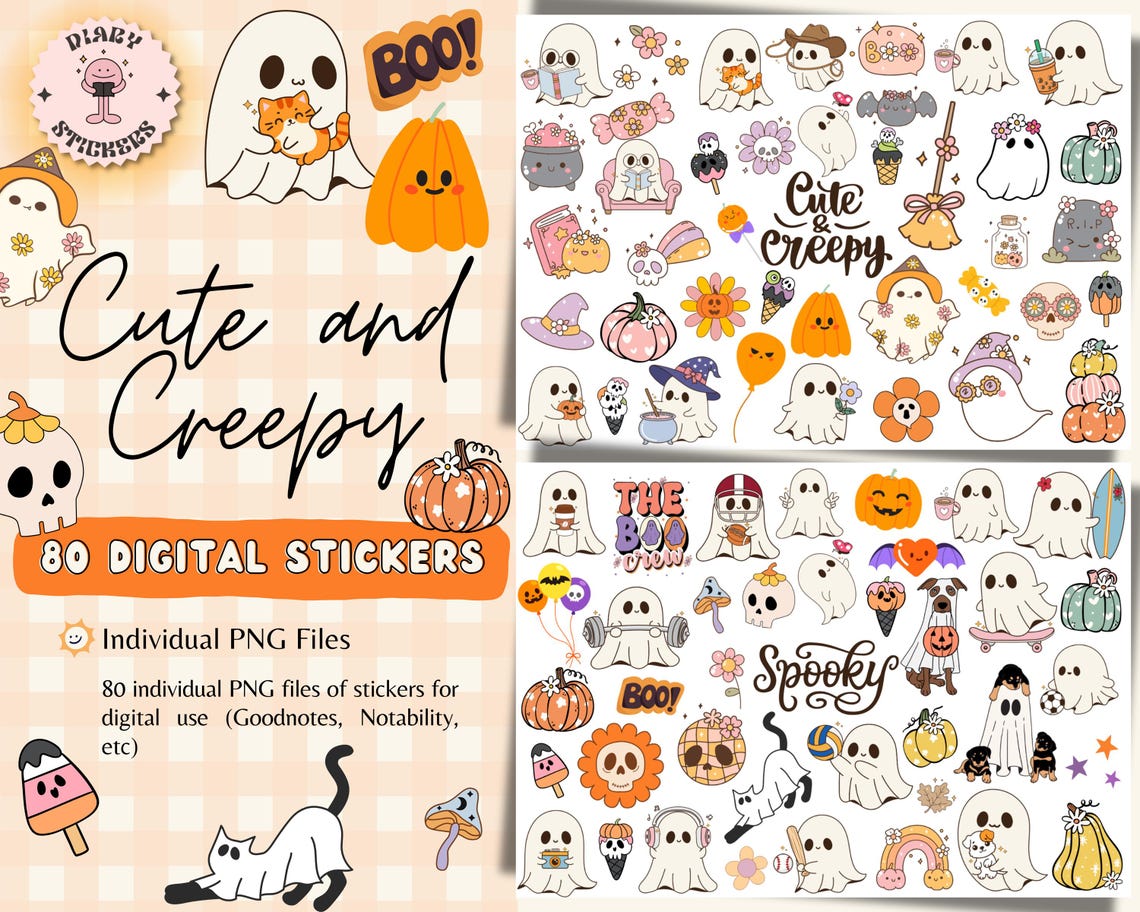 Cute Creepy Retro Halloween Stickers for Digital Planner, Goodnotes ...