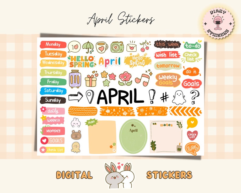 Month of April Digital Stickers for Goodnotes, April Pre-cropped ...