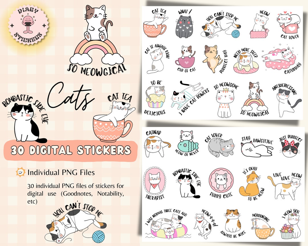 Cats Digital Stickers for Goodnotes, Cats Pre-cropped Digital Planner ...