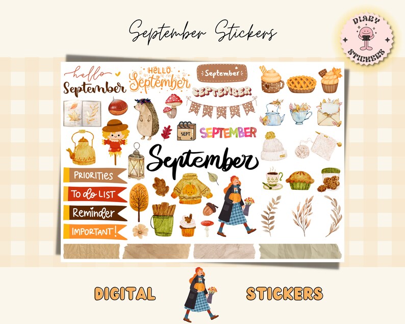 Month of September Digital Stickers for Goodnotes, September Pre ...
