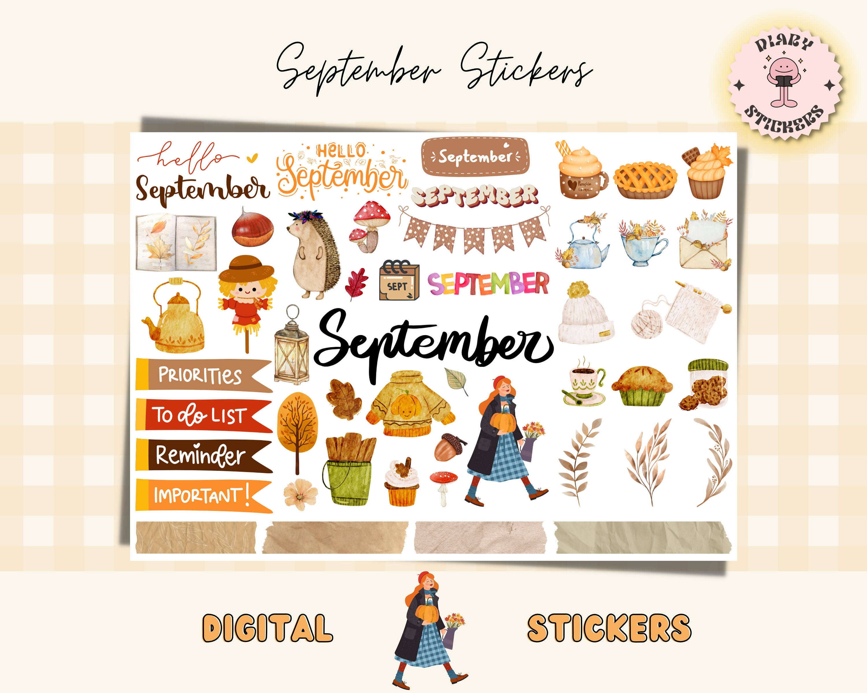 Month of September Digital Stickers for Goodnotes, September Pre ...