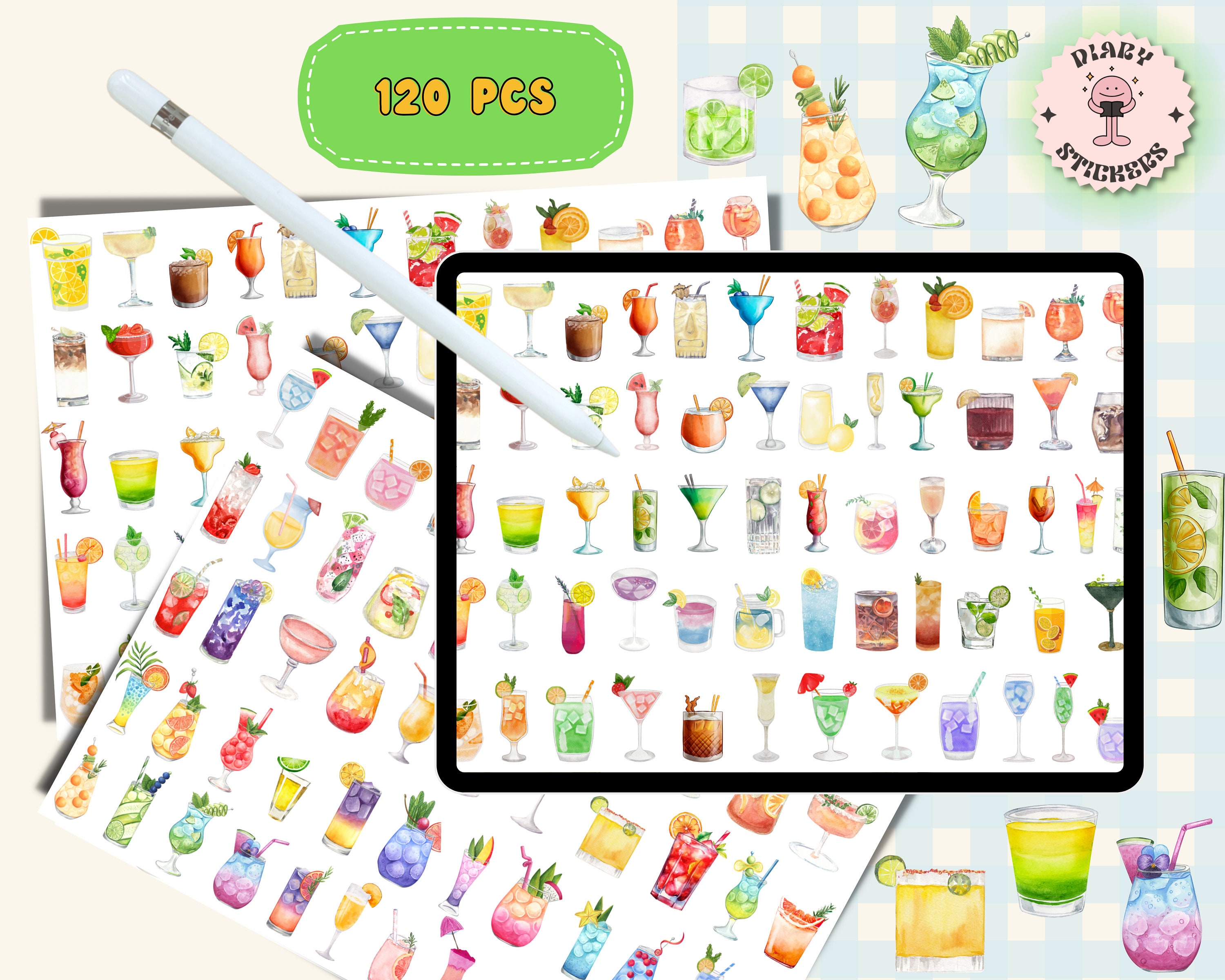 120 Cocktail Drink Digital Stickers for Goodnotes, Cocktail Pre-cropped ...