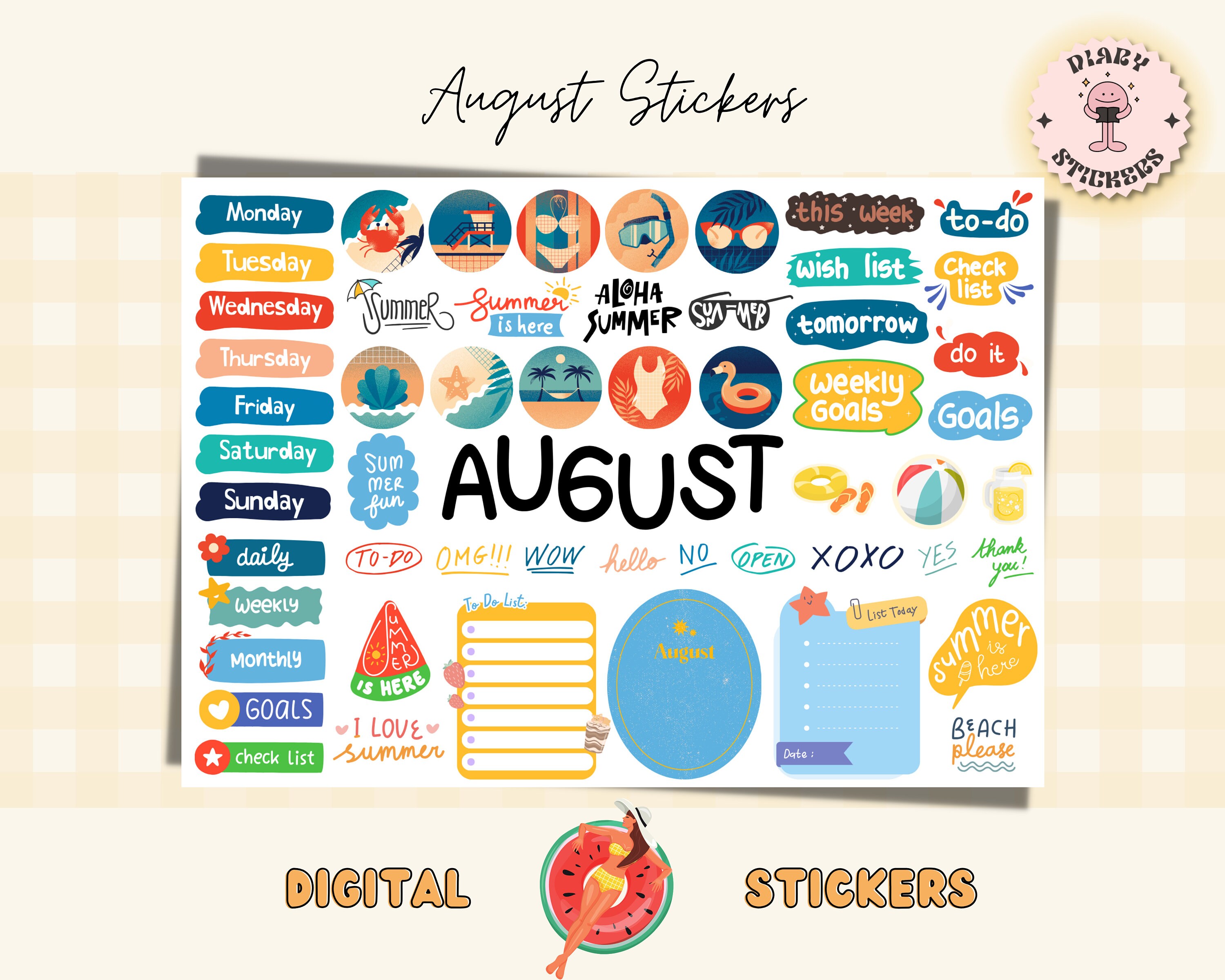 Month of August Digital Stickers for Goodnotes, August Pre-cropped ...