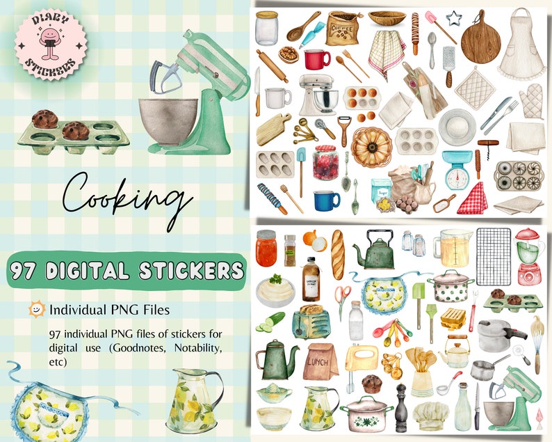 Cooking Digital Stickers for Goodnotes, Kitchen Pre-cropped Digital ...