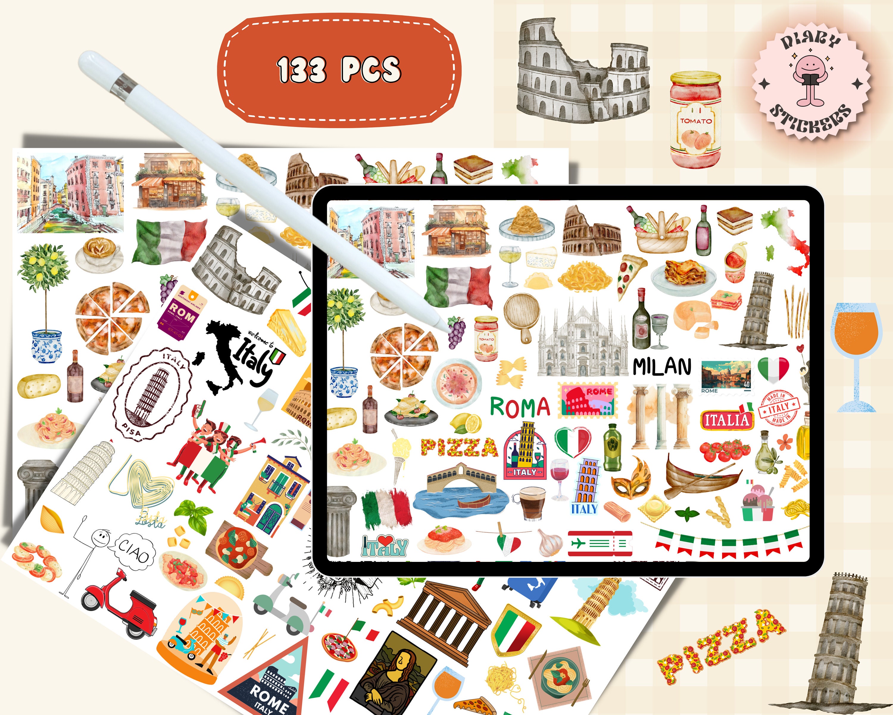 Italy Digital Stickers for Goodnotes, Italy Travel Pre-cropped Digital ...