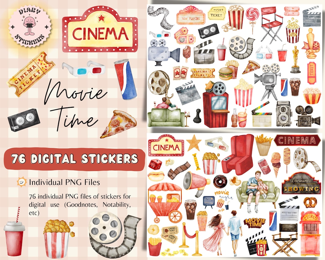Movie Night Digital Stickers for Goodnotes, Movie Pre-cropped Digital ...