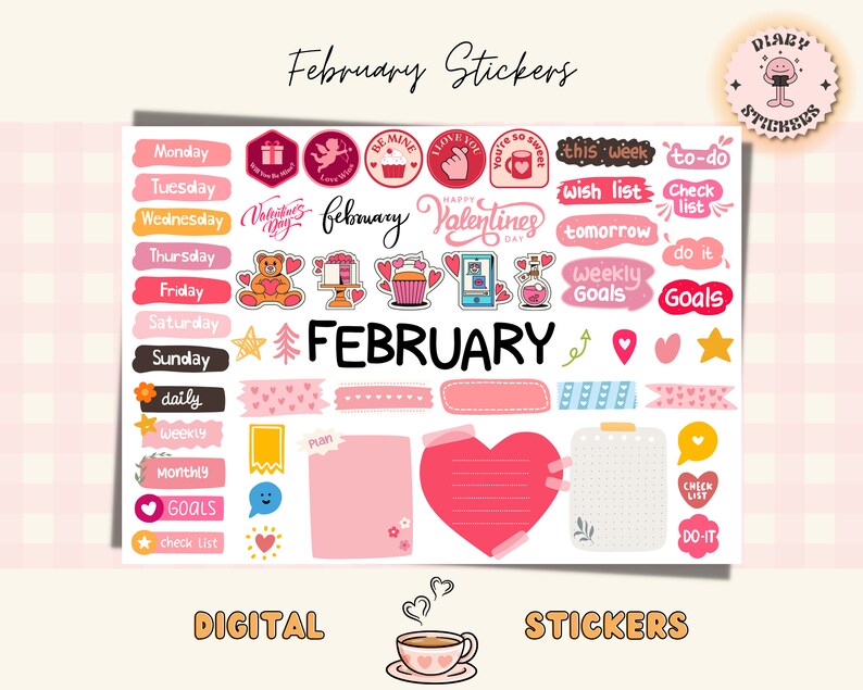 Month of February Digital Stickers for Goodnotes, February Pre-cropped ...