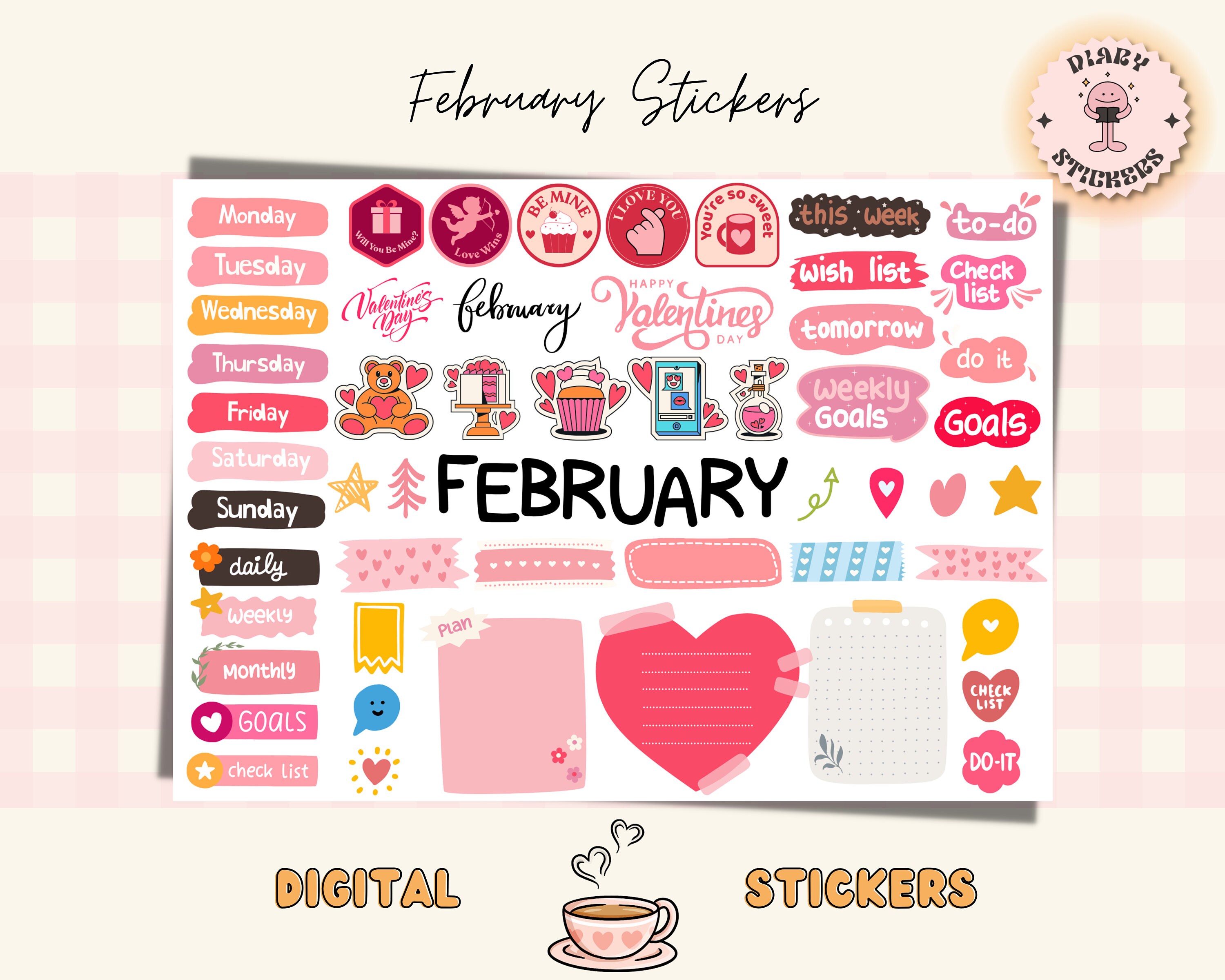 Month of February Digital Stickers for Goodnotes, February Pre-cropped ...