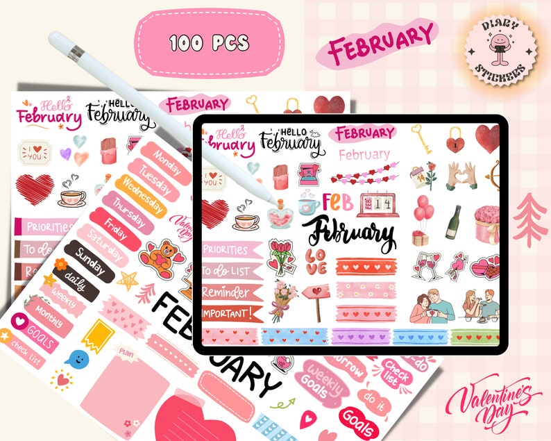 Month of February Digital Stickers for Goodnotes, February Pre-cropped ...