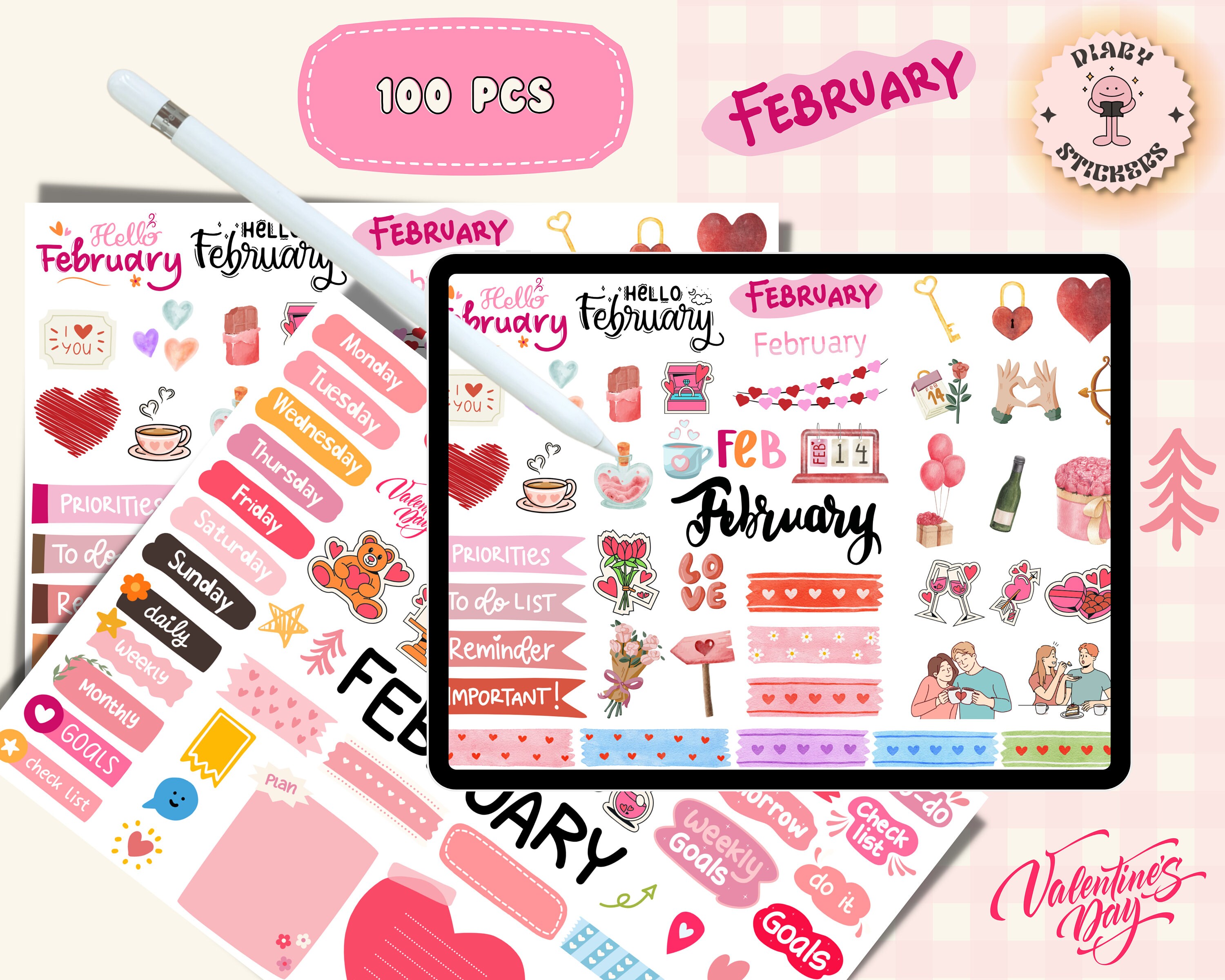 Month of February Digital Stickers for Goodnotes, February Pre-cropped ...