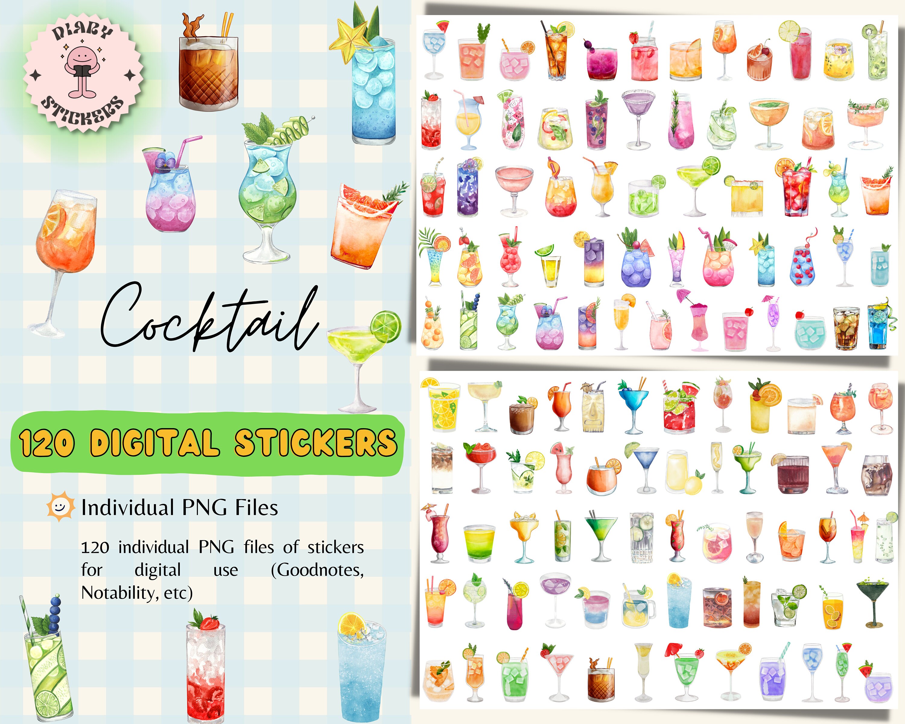 120 Cocktail Drink Digital Stickers for Goodnotes, Cocktail Pre-cropped ...