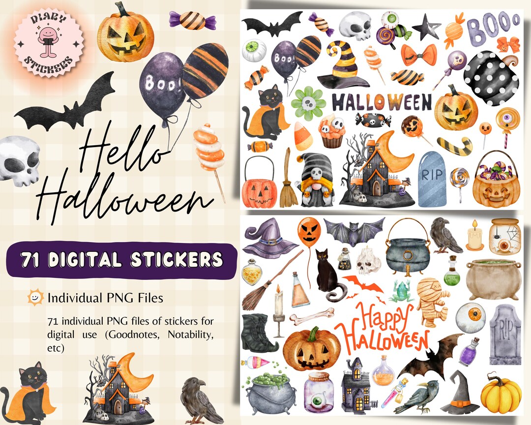 Hello Halloween Digital Stickers for Goodnotes, Halloween Pre-cropped ...