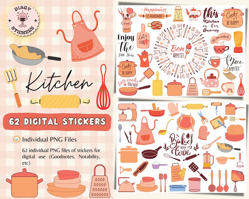 Kitchen Utensil Digital Stickers: 62 PNG & Goodnotes File - Etsy