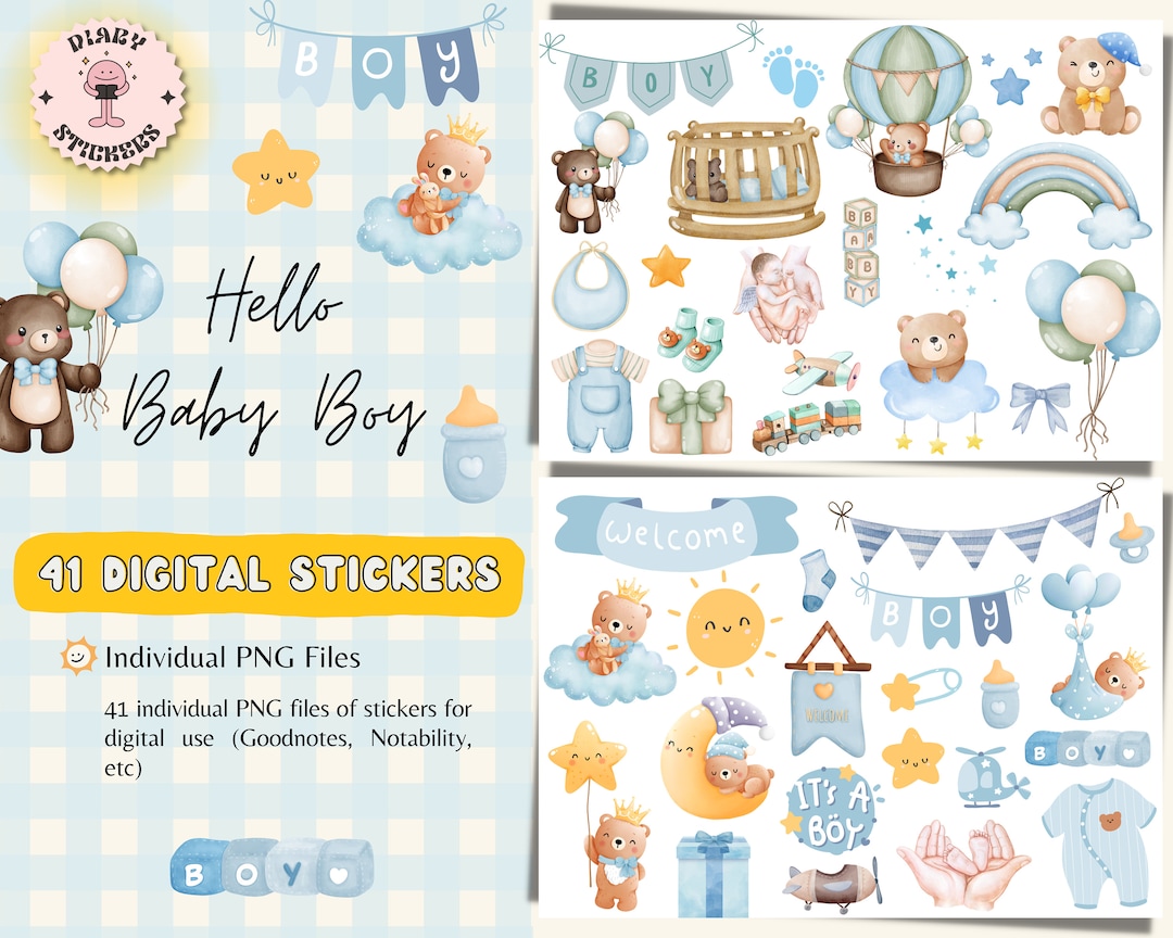 Hello Baby Boy Digital Stickers, Digital Stickers for Planners, Baby ...