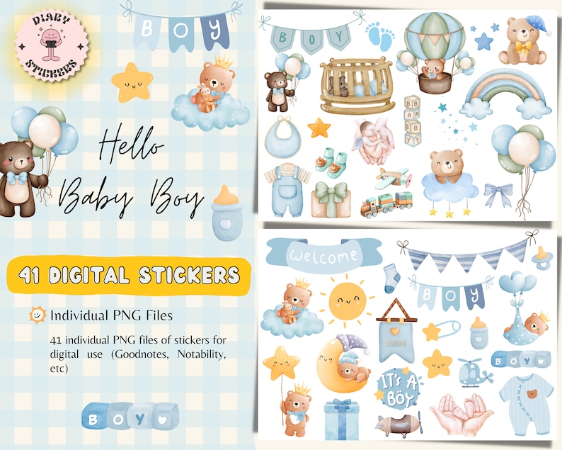 Hello Baby Boy Stickers, Planner Stickers, Bear PNG (PNG, Goodnotes ...