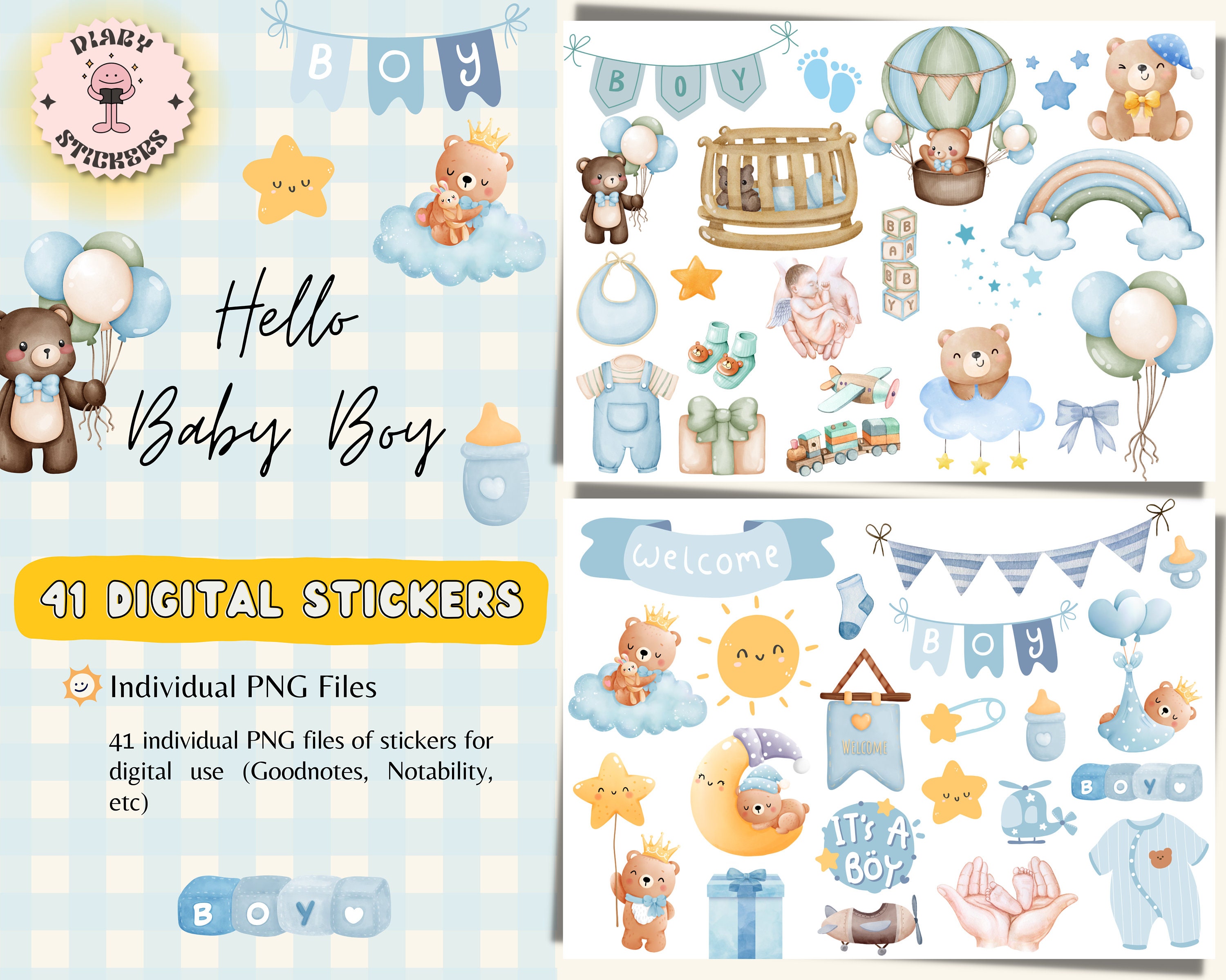Hello Baby Boy Digital Stickers, Digital Stickers for Planners, Baby ...