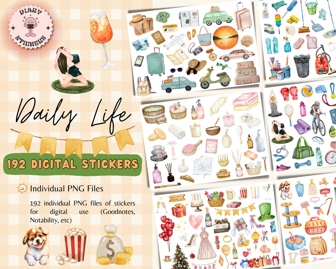 Pegatinas digitales de la vida diaria Pegatinas GoodNotes, 192 ...