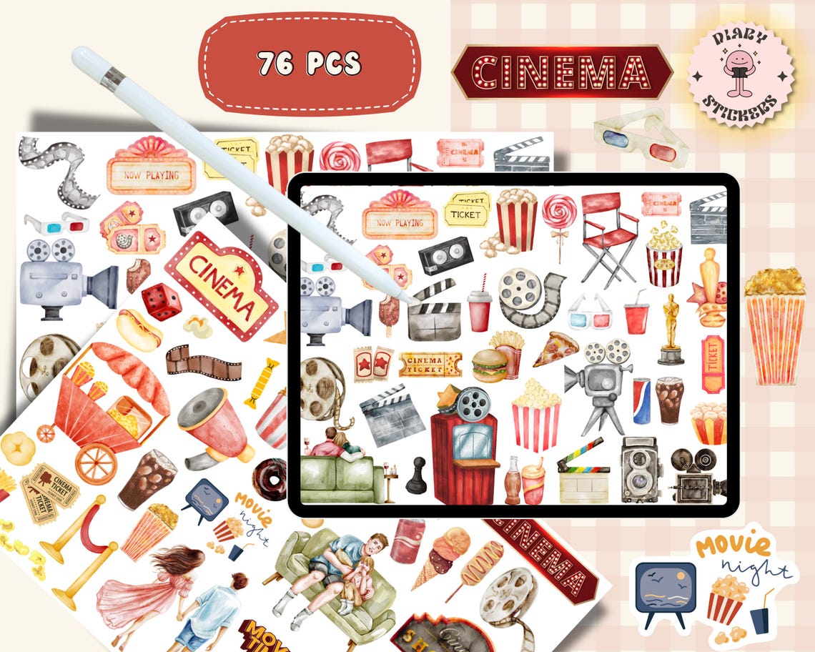 Movie Night Digital Stickers for Goodnotes, Movie Pre-cropped Digital ...