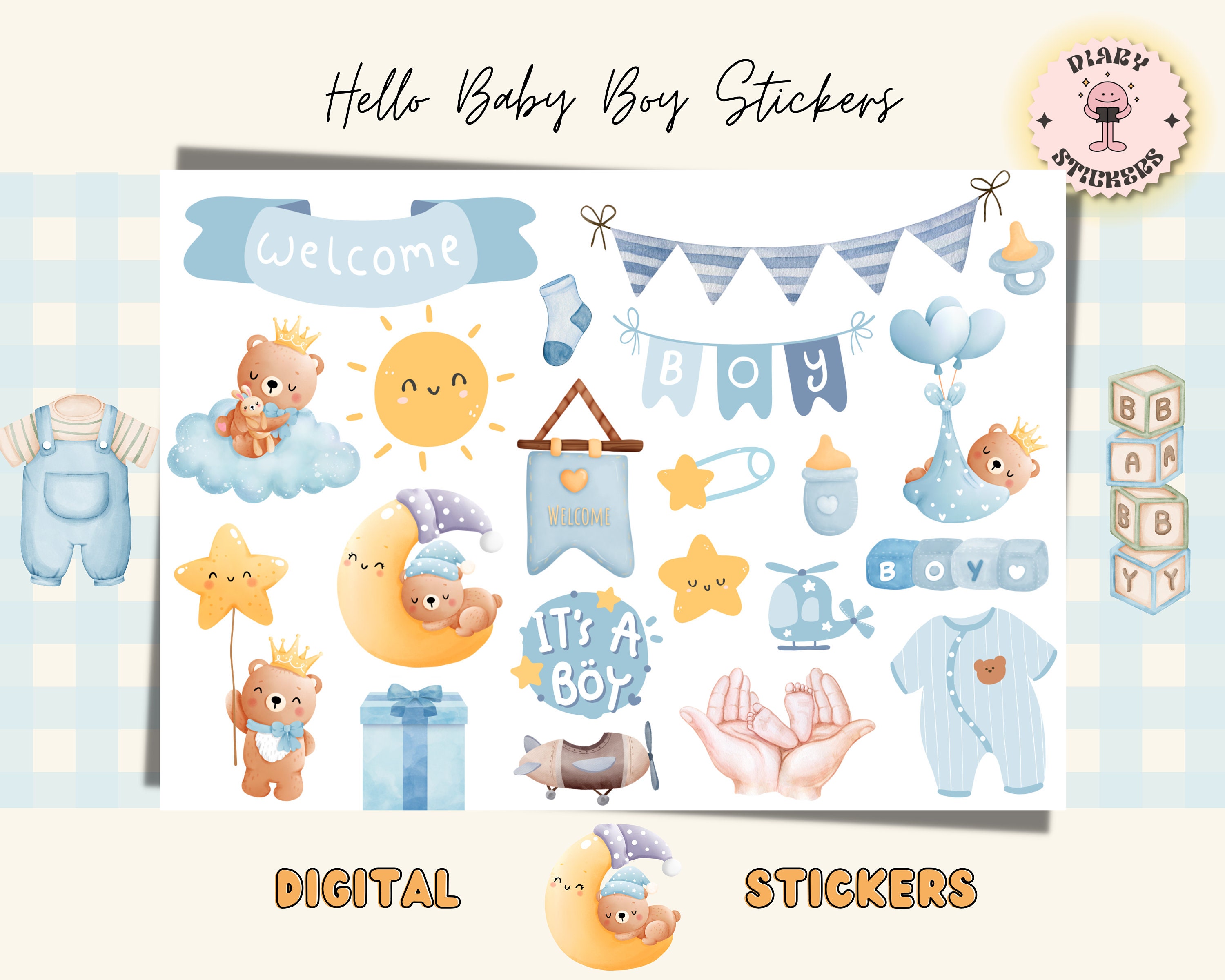 Hello Baby Boy Digital Stickers, Digital Stickers for Planners, Baby ...