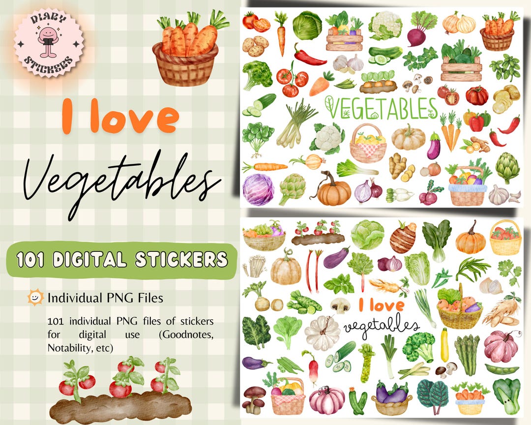 Vegetables Digital Stickers for Goodnotes, Vegetables Pre-cropped ...