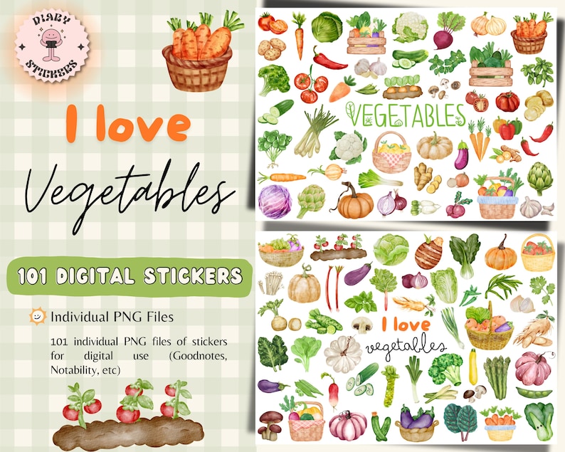 Vegetables Digital Stickers for Goodnotes, Vegetables Pre-cropped ...