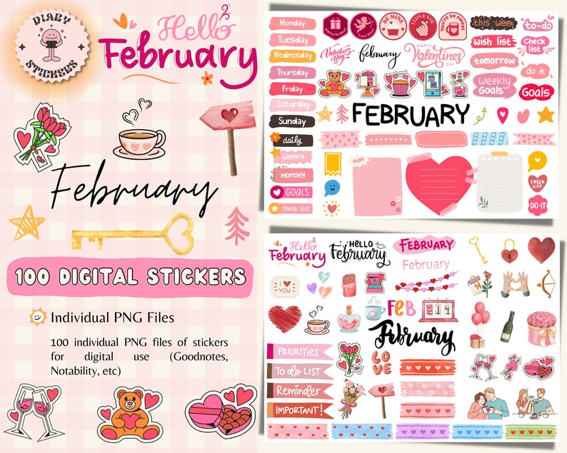 Month of February Digital Stickers for Goodnotes, February Pre-cropped ...