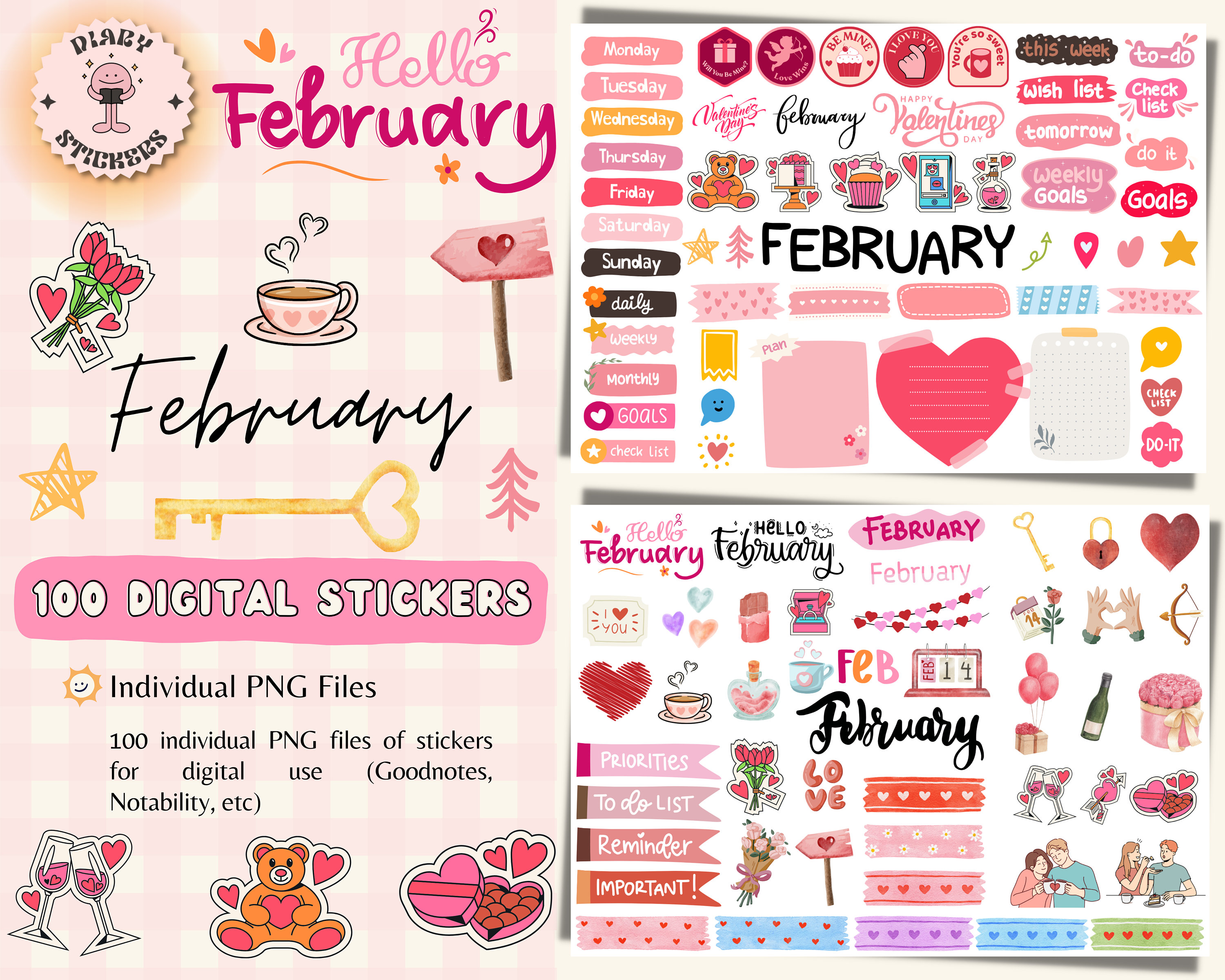 Month of February Digital Stickers for Goodnotes, February Pre-cropped ...