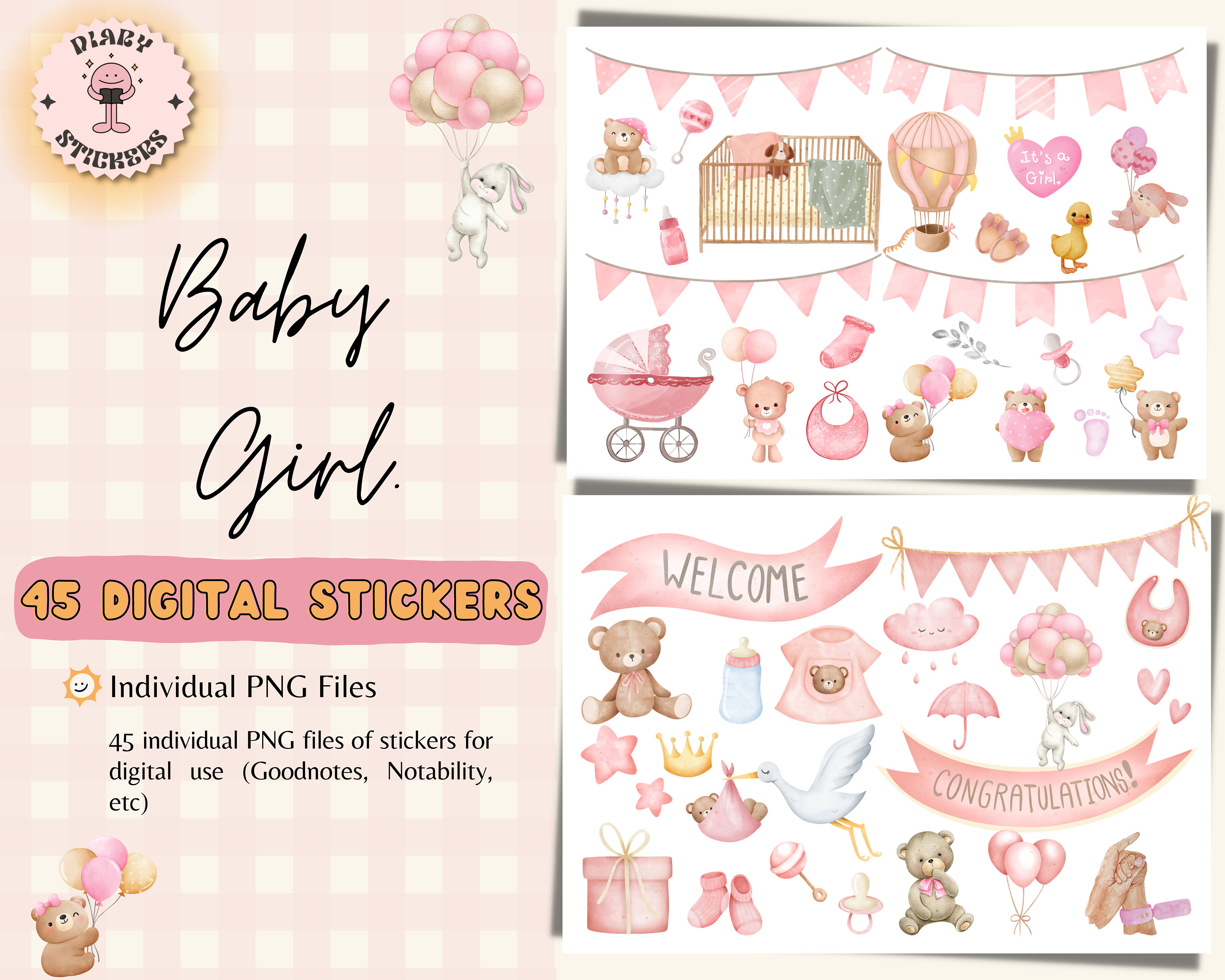 Baby Girl Digital Stickers, Digital Stickers for Planners, Baby Girl ...
