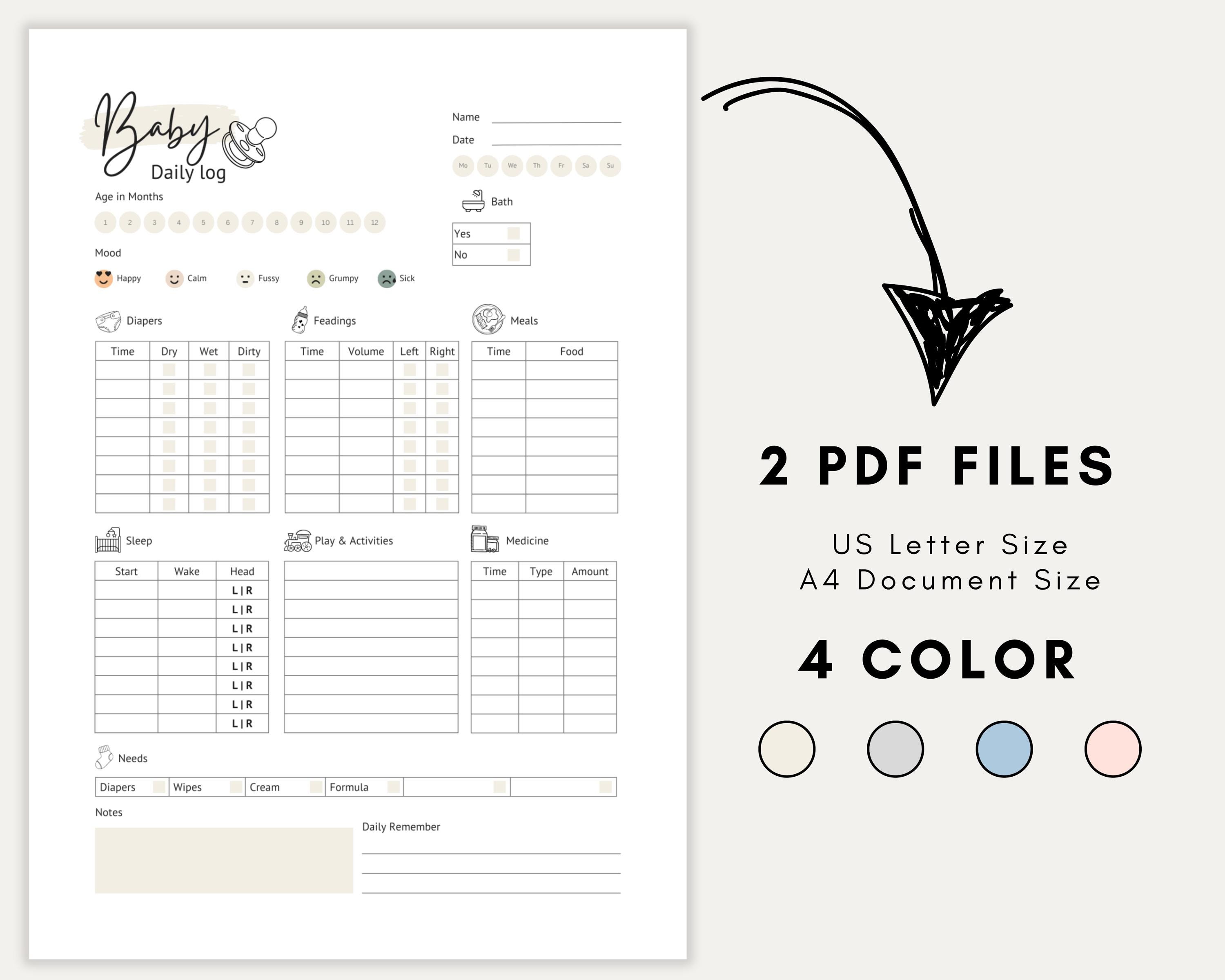 Baby Daily Log Tracker, Newborn Diary Chart, Printable Baby Care Log ...